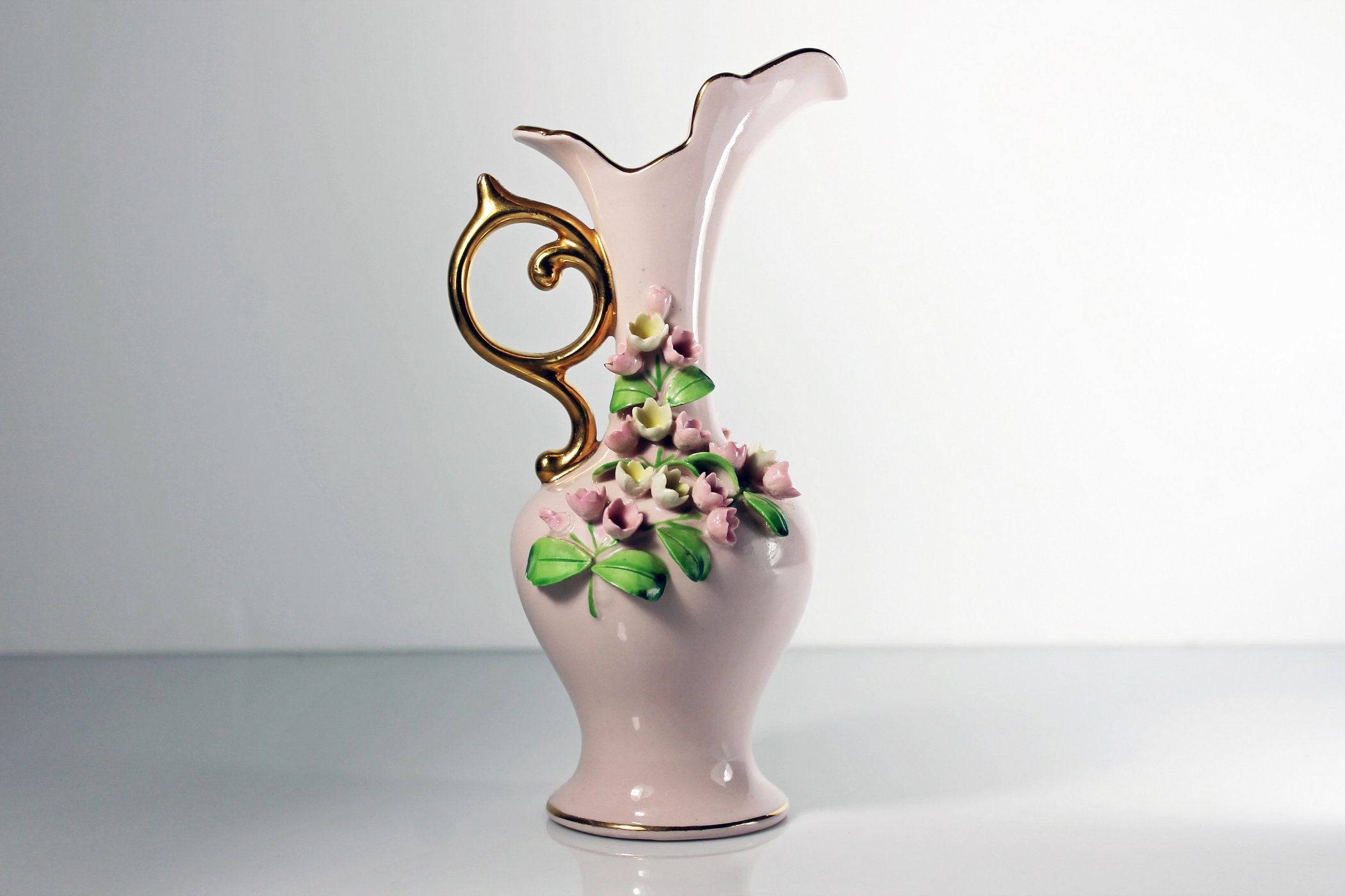 Raised Floral Pink Pitcher, Lefton, Gold trimmed, Collectible, Footed ...