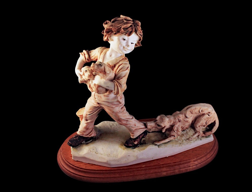 Figurine, Boy Puppies and Dog, Statue, Porcelain, Hand Painted, Wooden ...