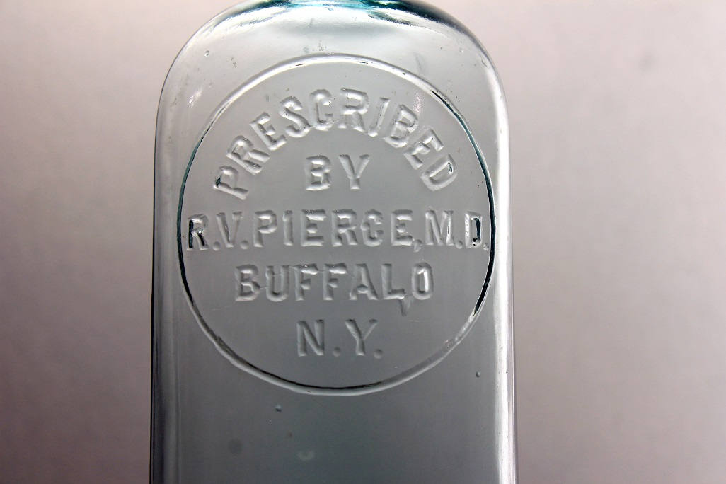 Antique Bottle, R V. Pierce. MD, Buffalo NY, Circa 1890's, Aqua, Tooled Finished Top, Embossed ...