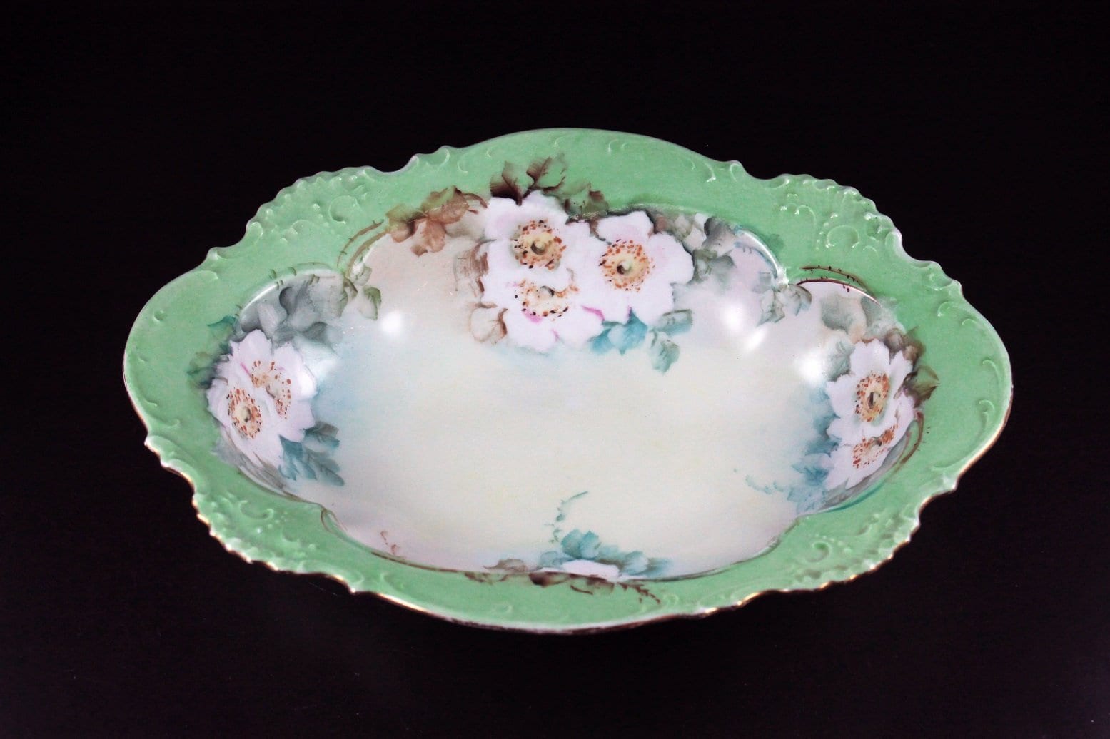 Oval Vegetable Bowl, White Floral, Green Trimmed, 9 Inch, Serving Bowl ...