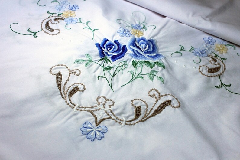 Hand Embroidered Tablecloth 8 Matching Napkins Blue Rose | Etsy