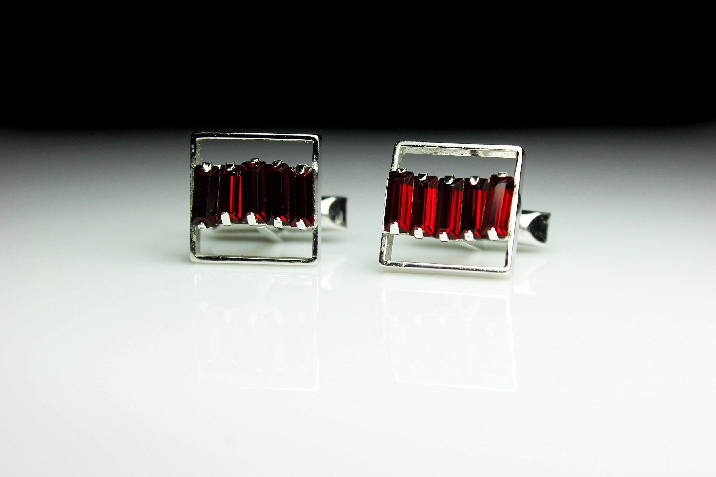 Square Cufflinks, Red Rhinestone, Silvertone, Men's Jewelry, Men's Gift