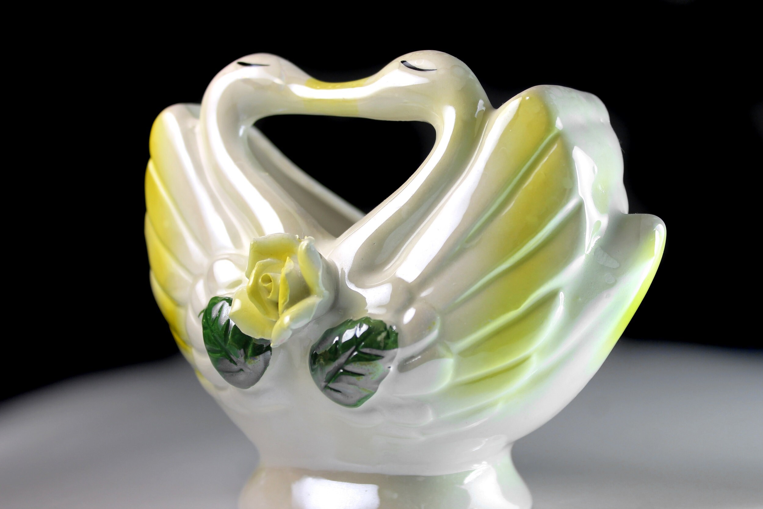Kissing Swan Planter, Yellow Lusterware, Raised Rose, Double Swans ...