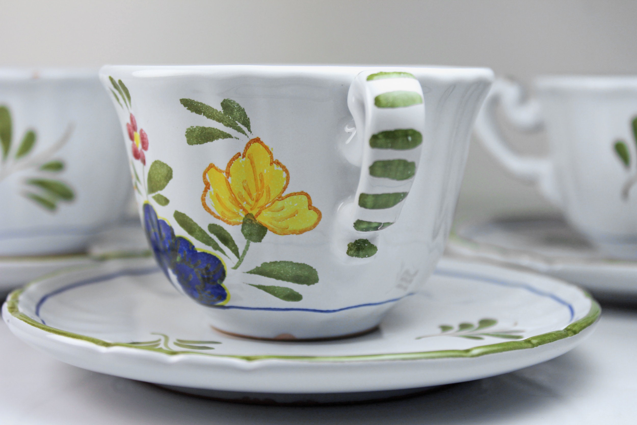 Flat Cups and Saucers, Made In Italy, Floral Pattern, Set of 3, Italian ...