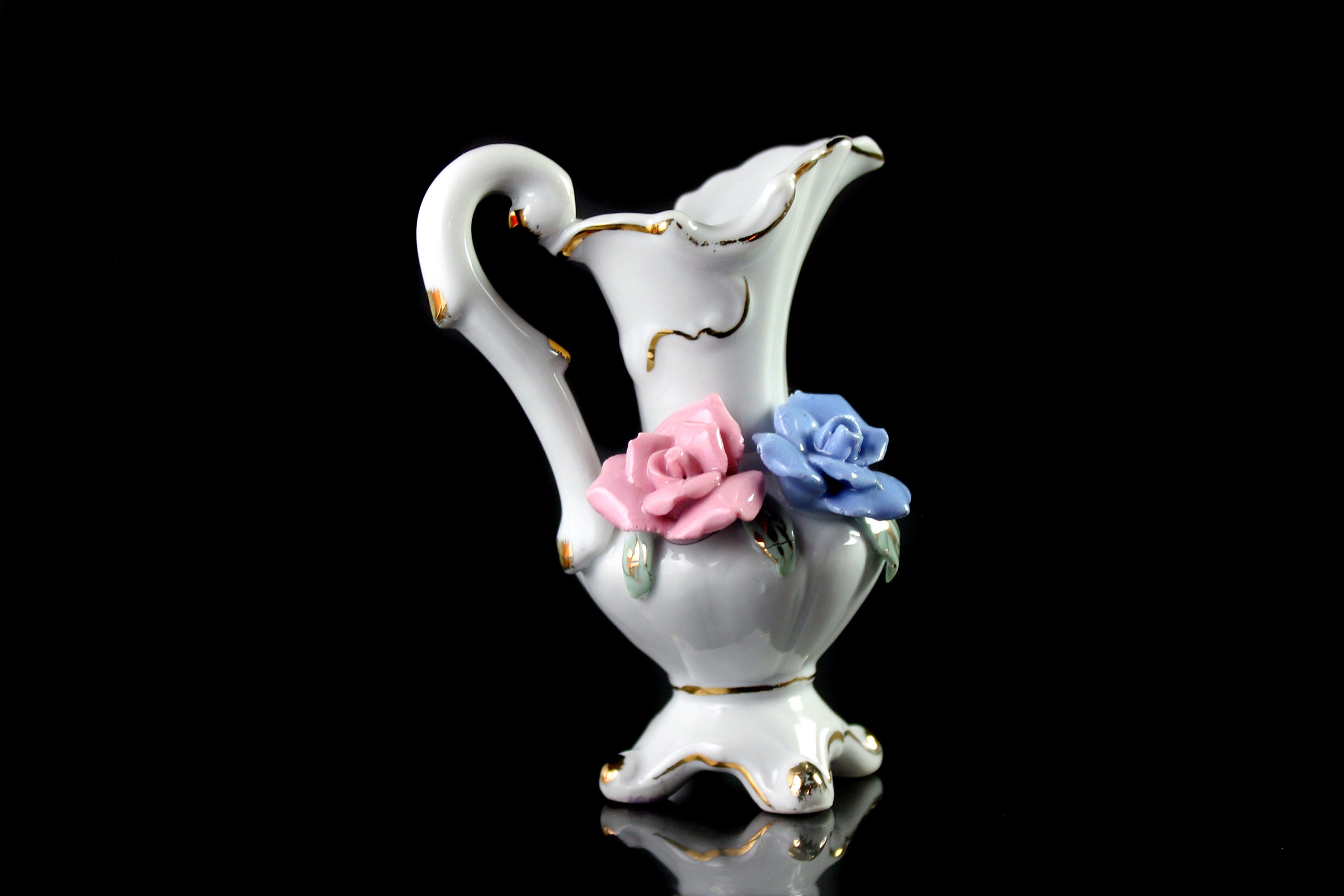 Miniature Raised Rose Pitcher, Collectible, Gold Trimmed, Miniature Vase