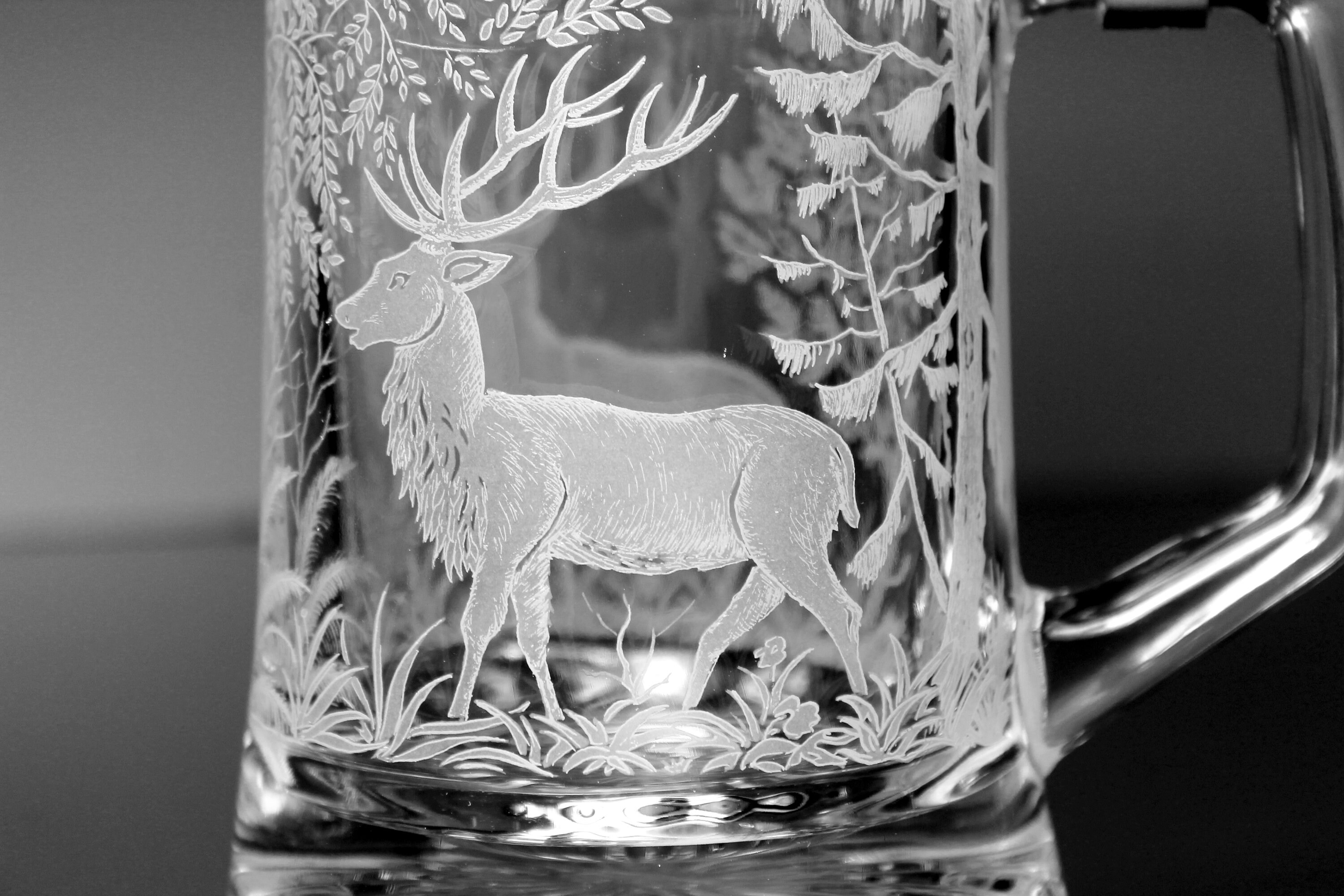 Lidded Etched Beer Stein, ALWE West Germany, Deer in Forest, Clear ... Lidded Etched Beer Stein, ALWE West Germany, Deer in Forest, Clear ...