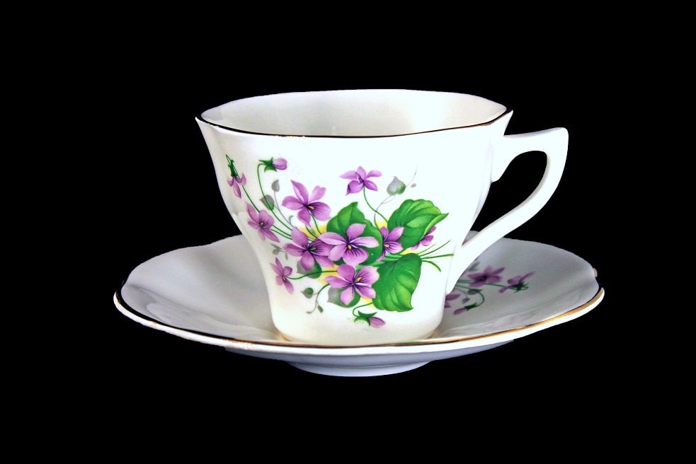 Teacup and Saucer, Bone China, Violet Floral Pattern, Made in England ...