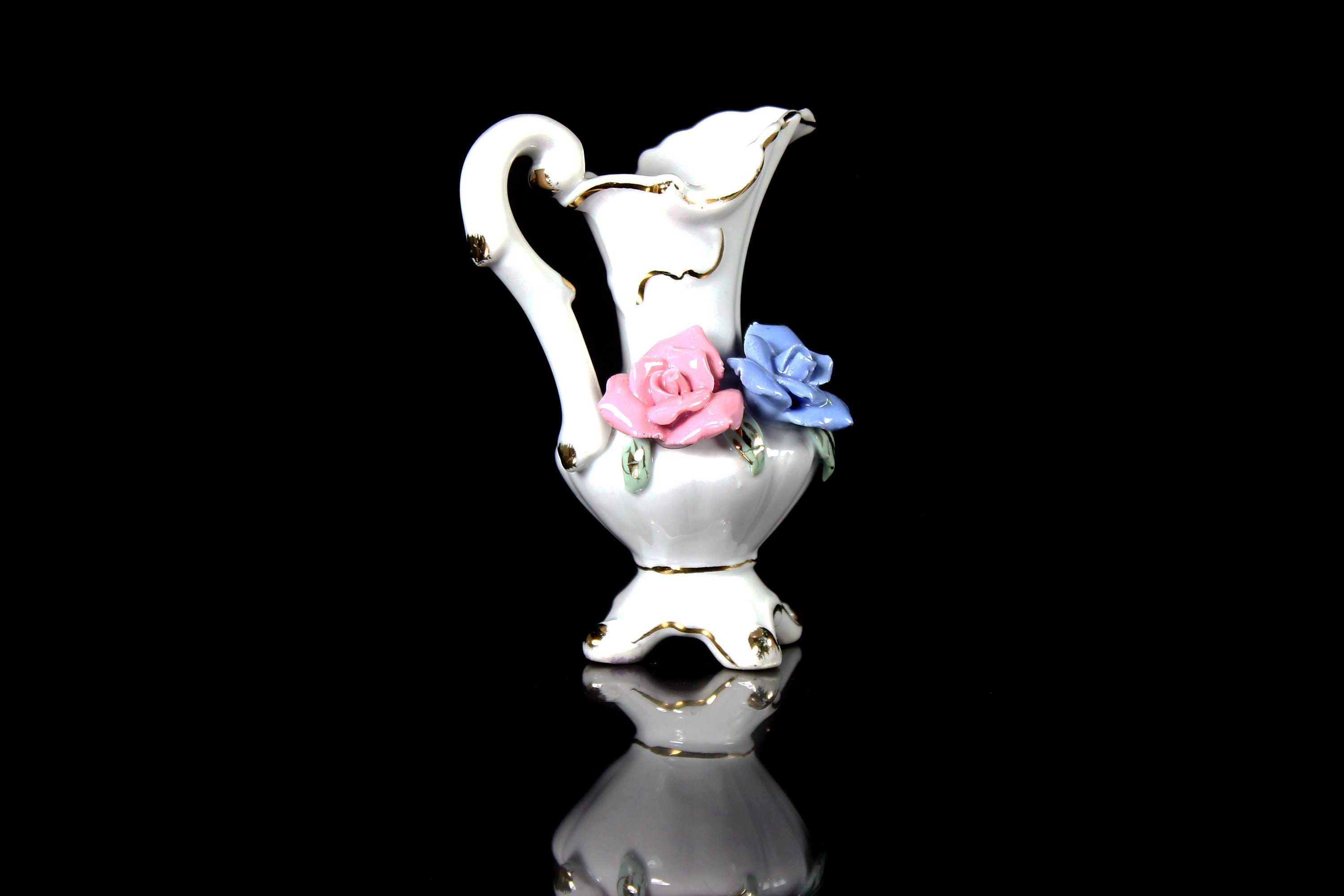 Miniature Raised Rose Pitcher, Collectible, Gold Trimmed, Miniature Vase