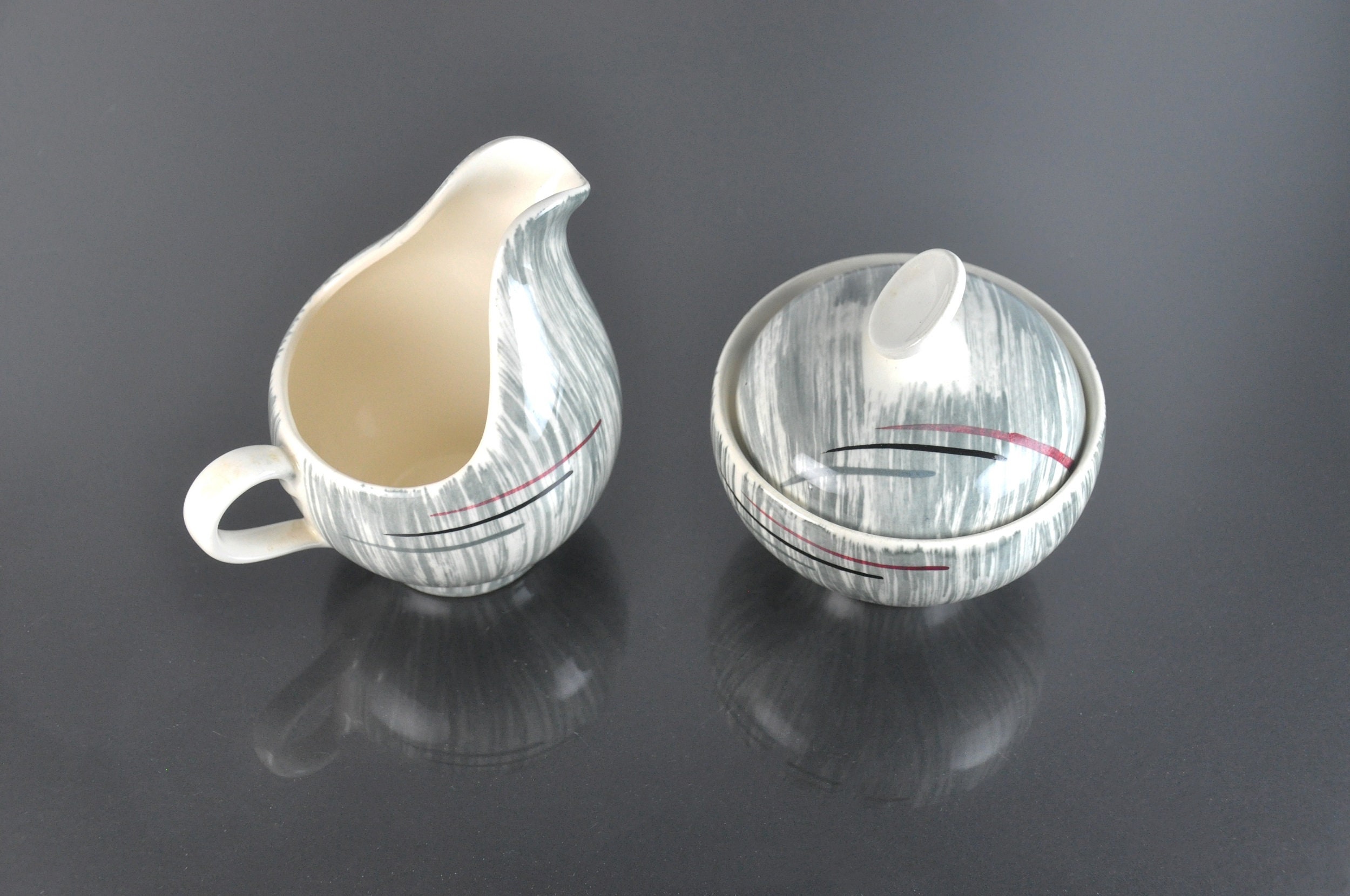 Sugar and Creamer, Prim Rose China, Gray Stripes, Large, Hand Painted