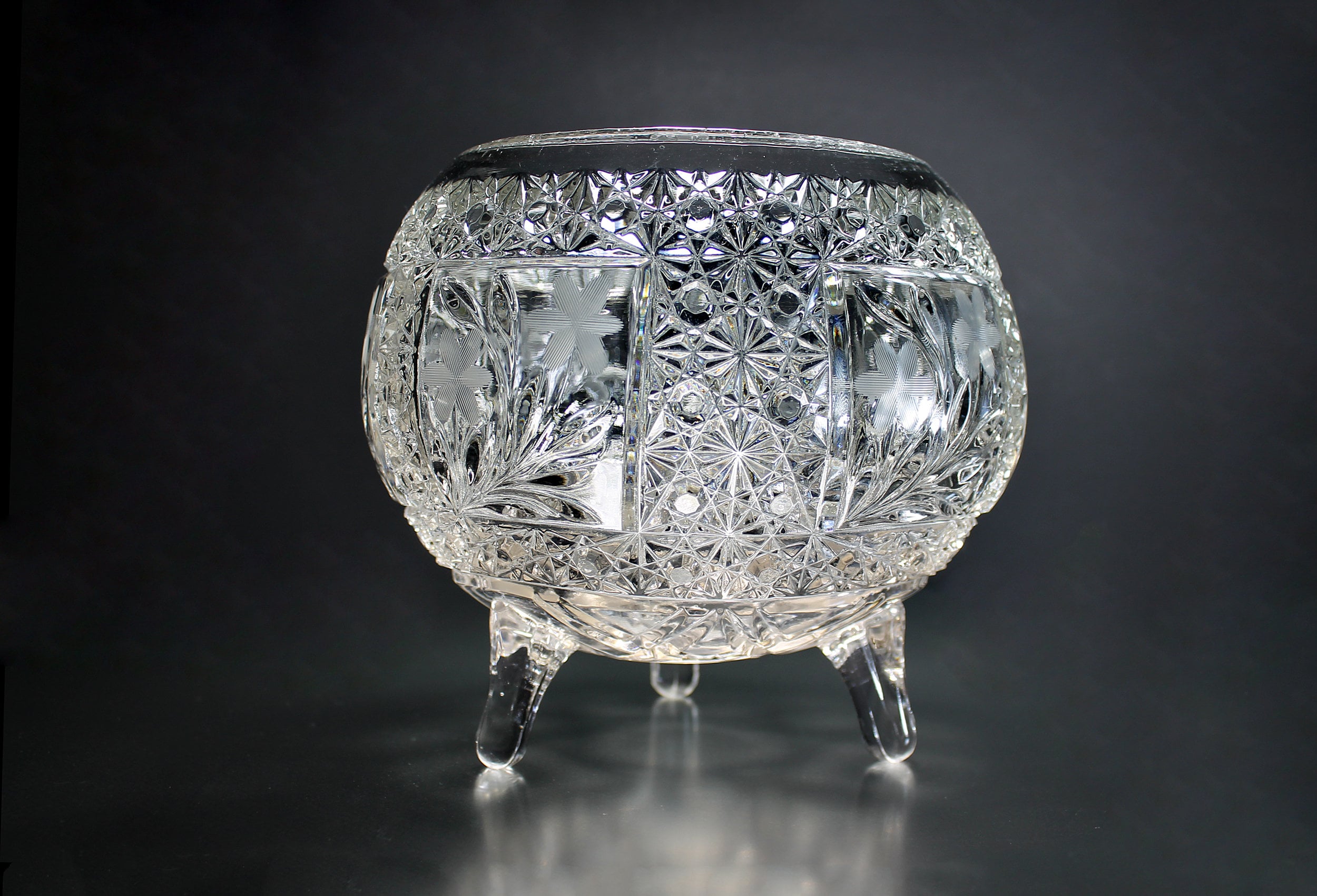 EAPG Rose Bowl, McKee Glass, Snappy Clear, Three Footed Bowl, Cut ...