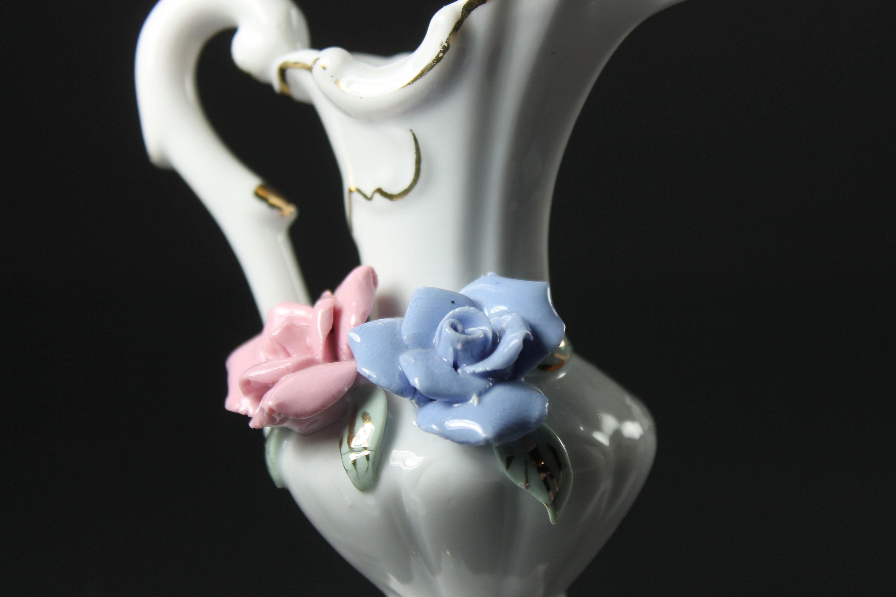 Miniature Raised Rose Pitcher, Collectible, Gold Trimmed, Miniature Vase