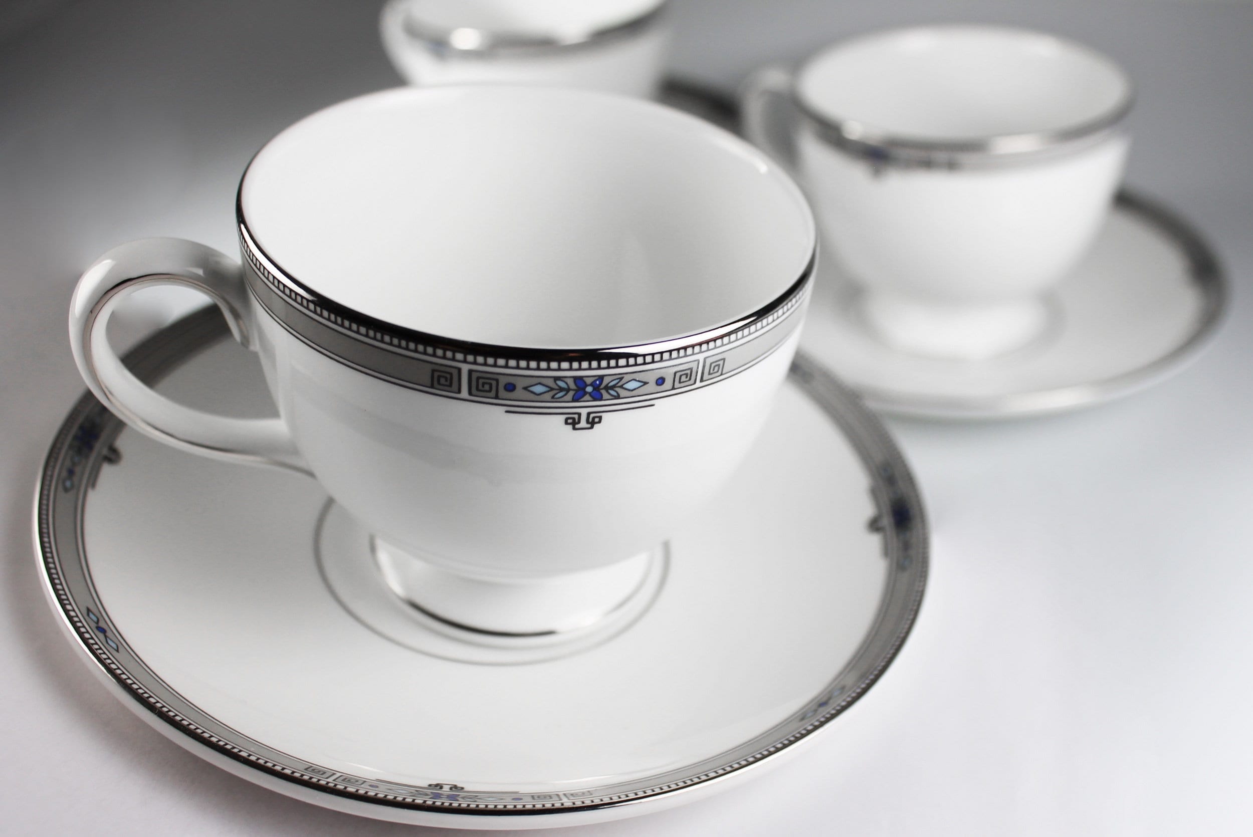 Cups and Saucers, Wedgwood Amherst, Set of 3, Fine China, Platinum Trim ...