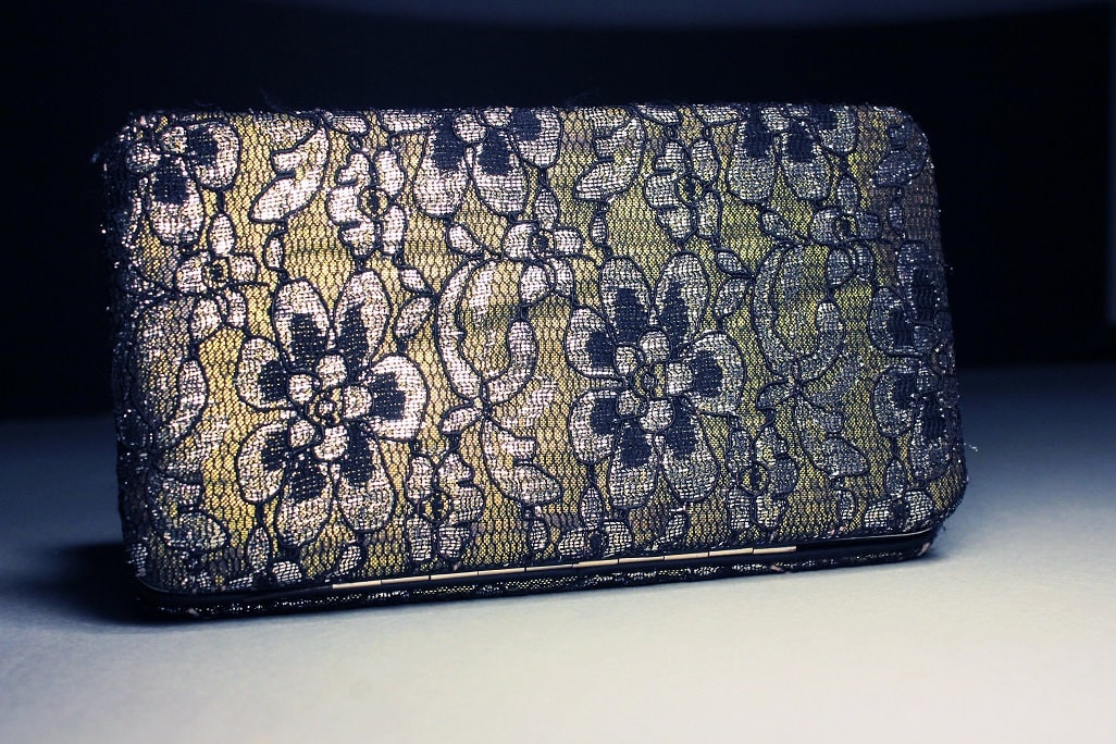 Ladies Clutch Wallet, Black Lace over Gold Satin, Snap Closure