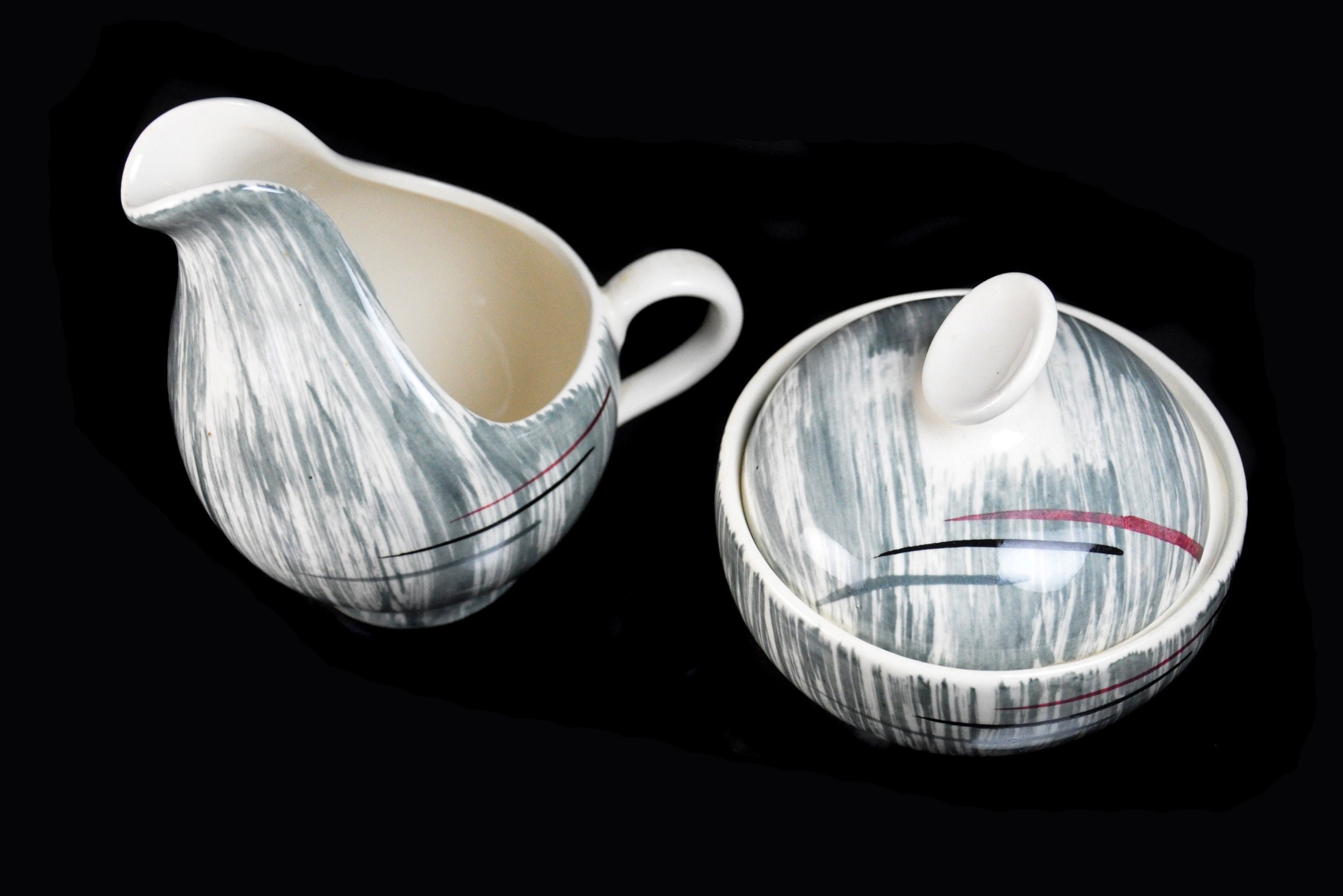 Sugar and Creamer, Prim Rose China, Gray Stripes, Large, Hand Painted