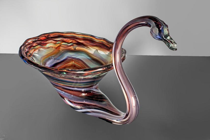 Art Glass Swan Bowl, Multicolored Swirl, Handblown, 12 Inches in Length ...