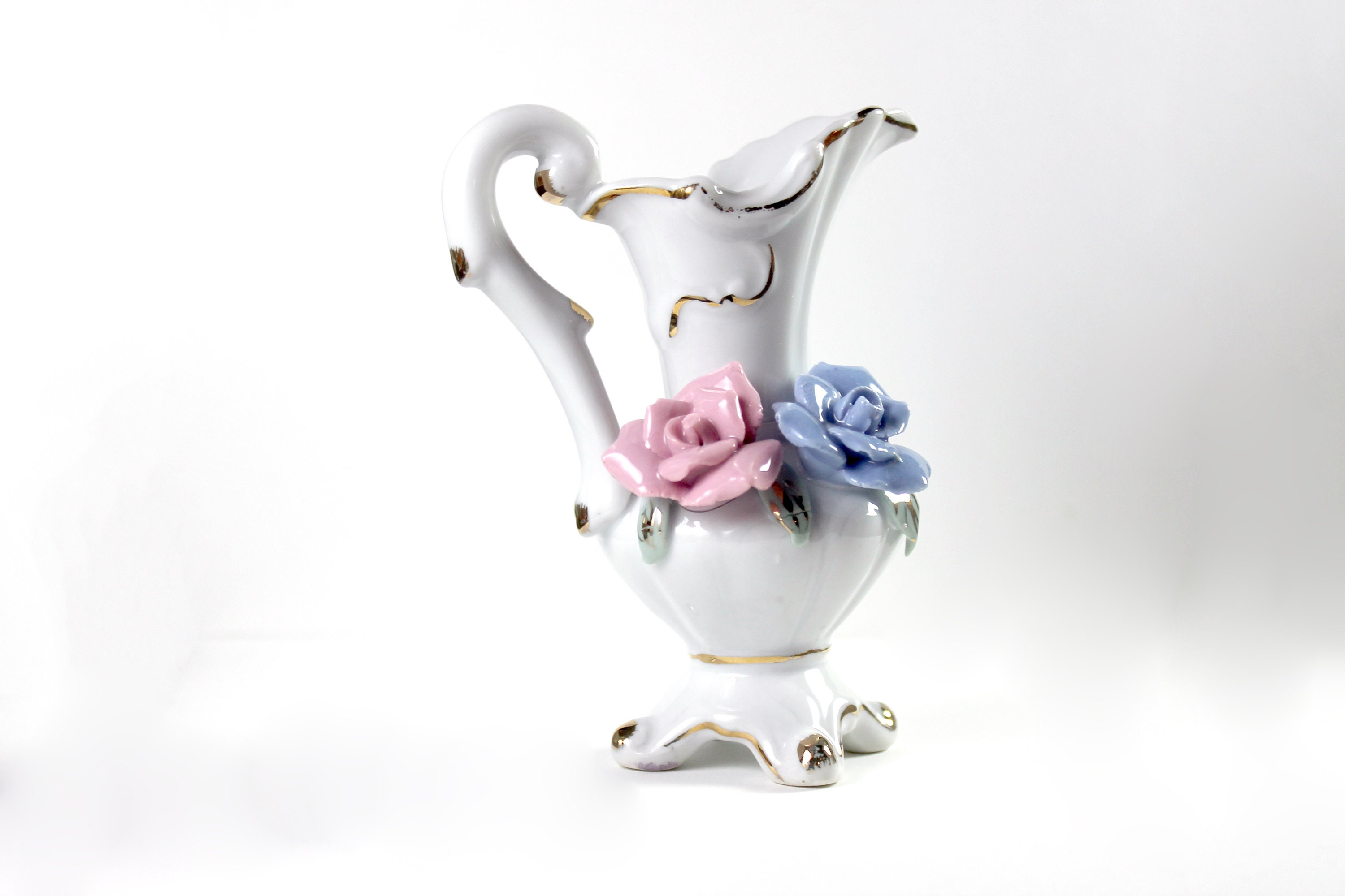 Miniature Raised Rose Pitcher, Collectible, Gold Trimmed, Miniature Vase