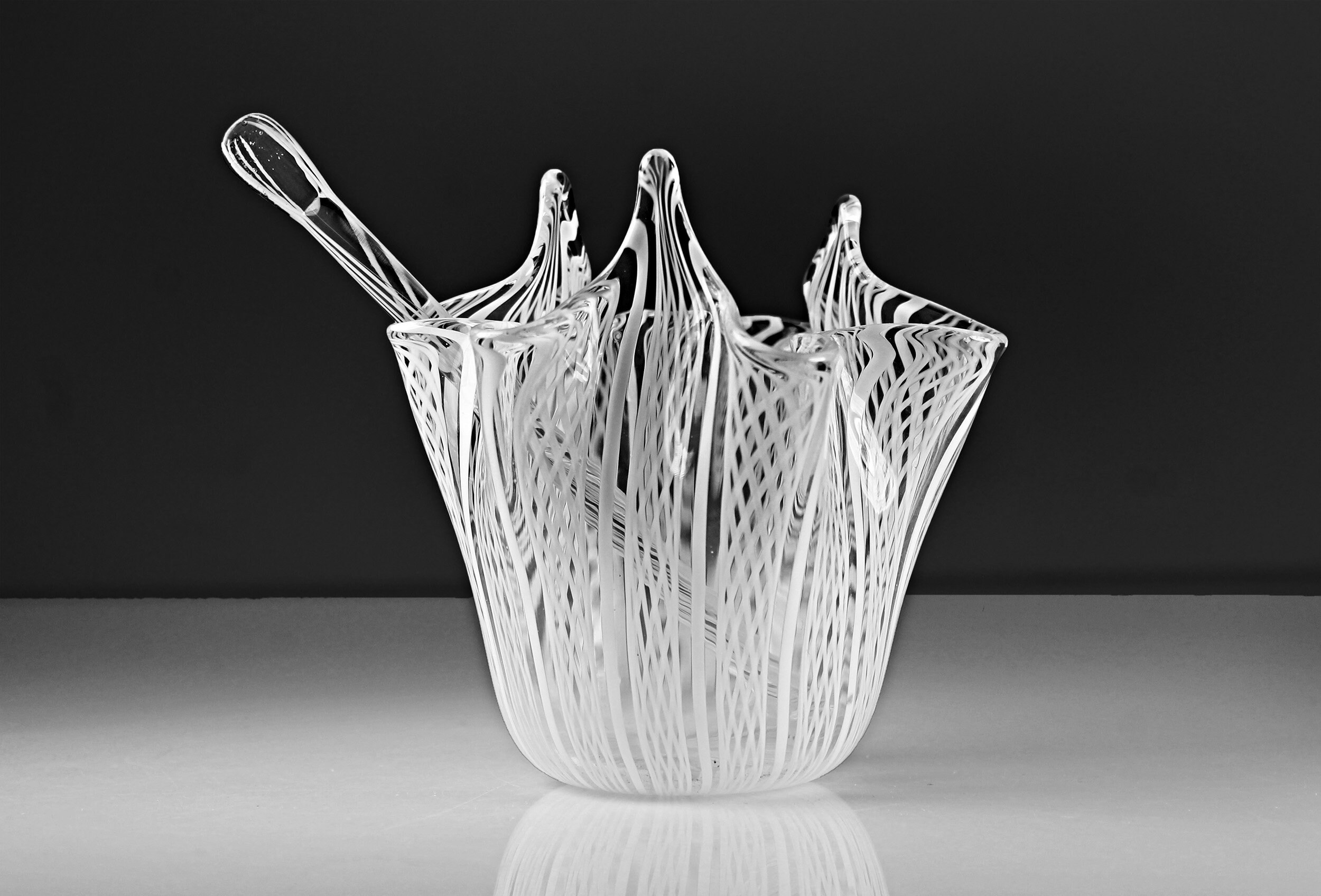 Handkerchief Bowl with Stir Stick, Murano Glass, White Latticino, Hand ...