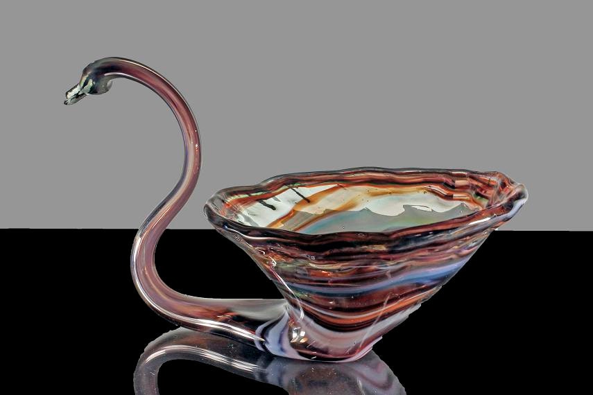 Art Glass Swan Bowl, Multicolored Swirl, Handblown, 12 Inches in Length ...