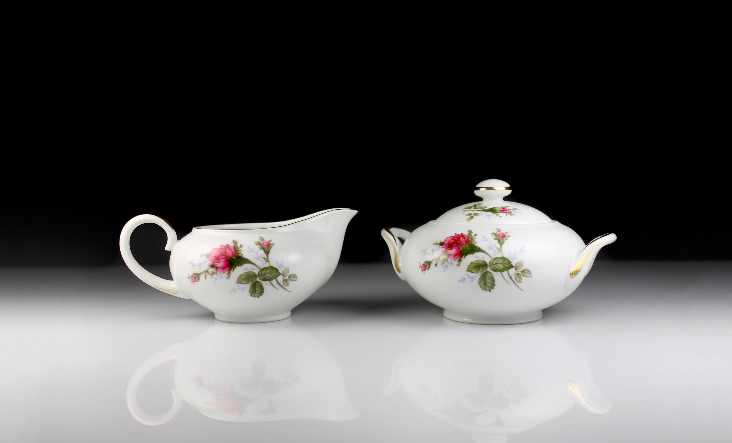 Sugar Bowl and Creamer, Sango Japan, Moss Rose, Red Floral, Dinnerware ...