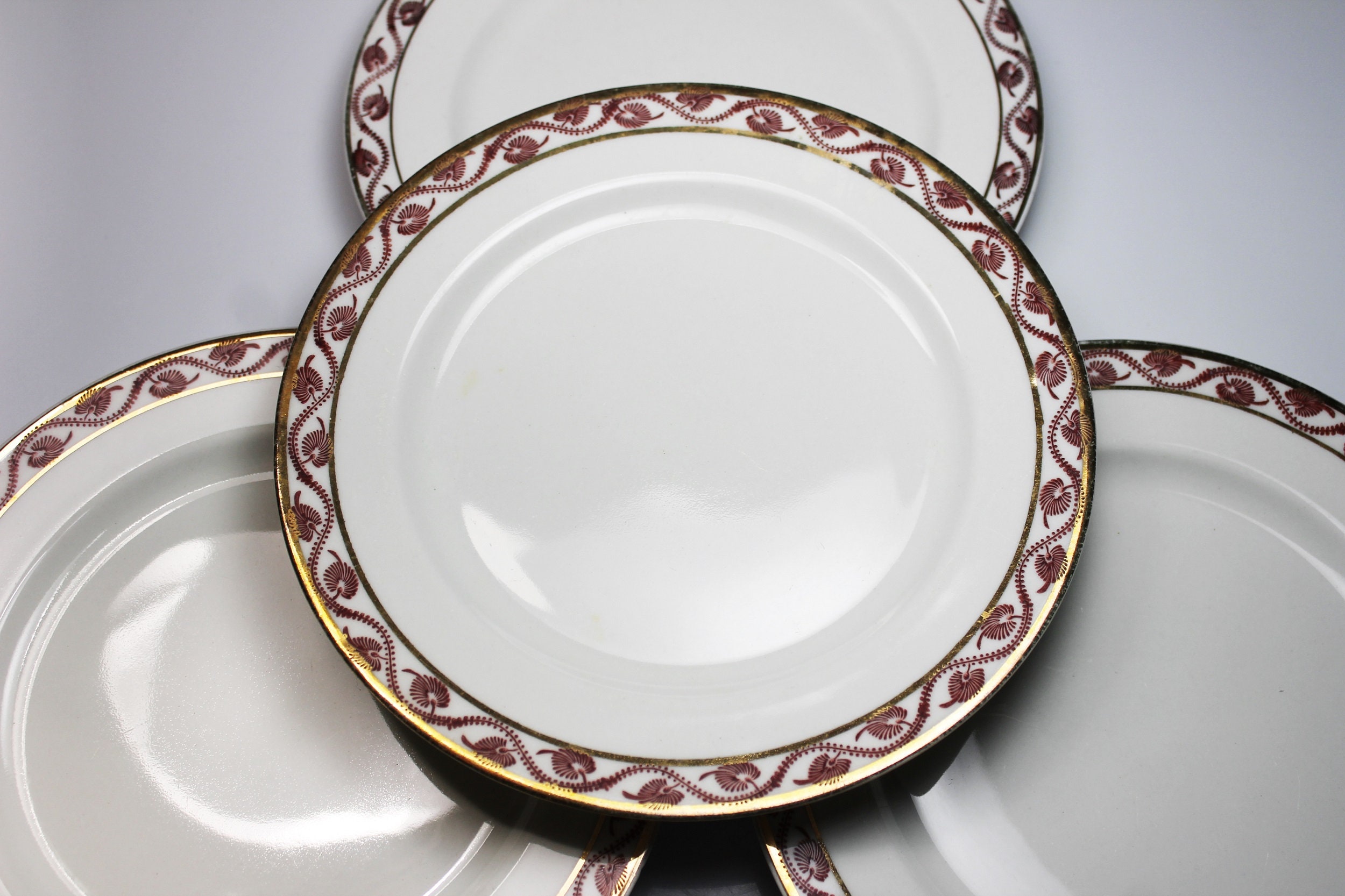 Salad Plates, Atlas China, Red Band, Gold Trim, Set of 4, Porcelain