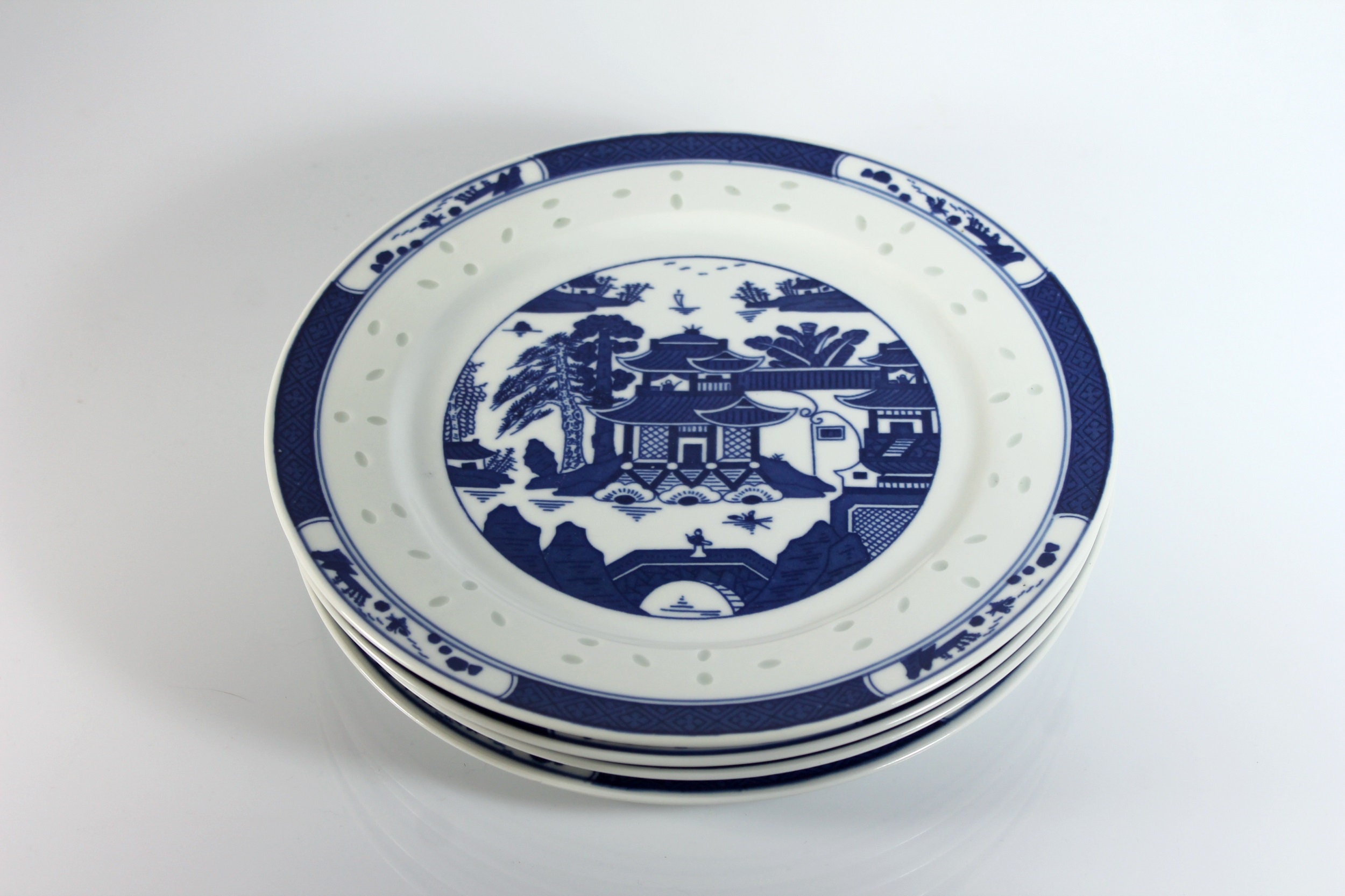 Dinner Plates, Jingdezhen Zhi, Pagoda Scene, Blue and White, Porcelain ...