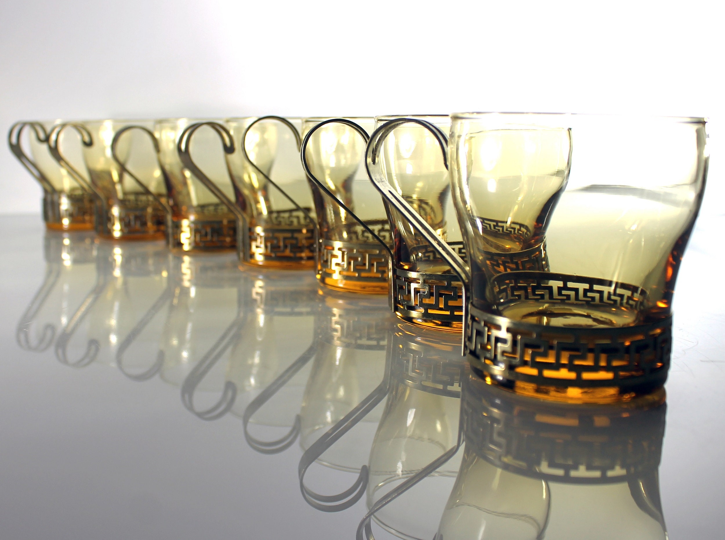 Libbey Amber Coffee Cups, Greek Key Metal Handles, Set of 7, 6 Ounce