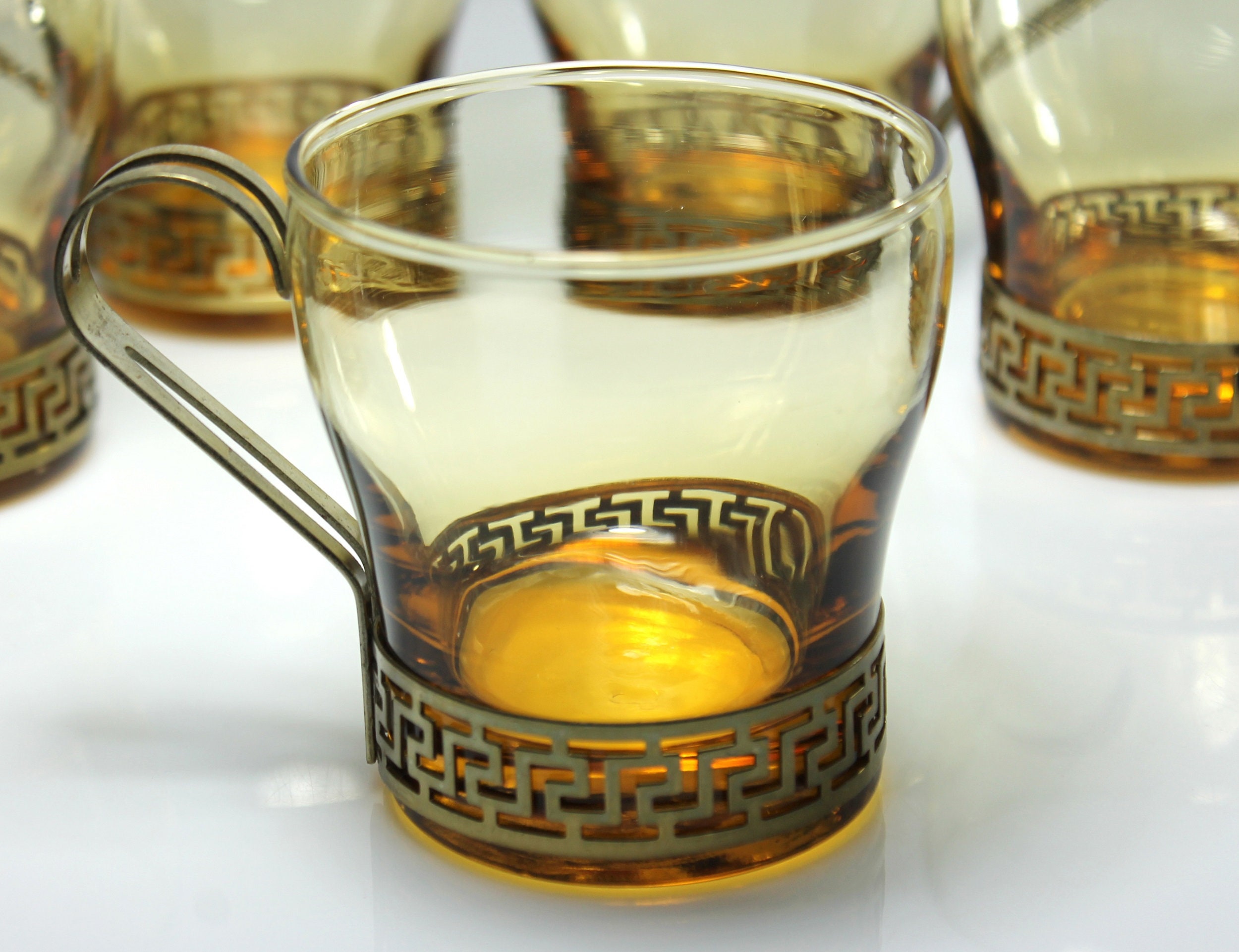 Libbey Amber Coffee Cups, Greek Key Metal Handles, Set of 7, 6 Ounce