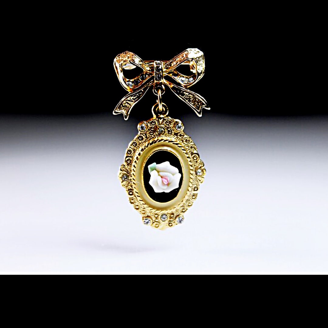 1928 Jewelry Brooch, Bow With Rose Cameo, Victorian, Gold Tone ...