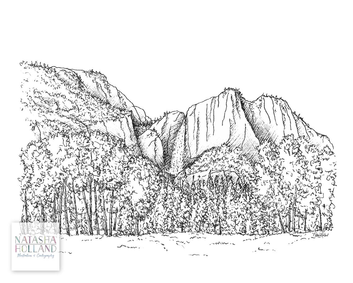 Yosemite National Park Black and White Art, Ink Drawing Print, Yosemite ...