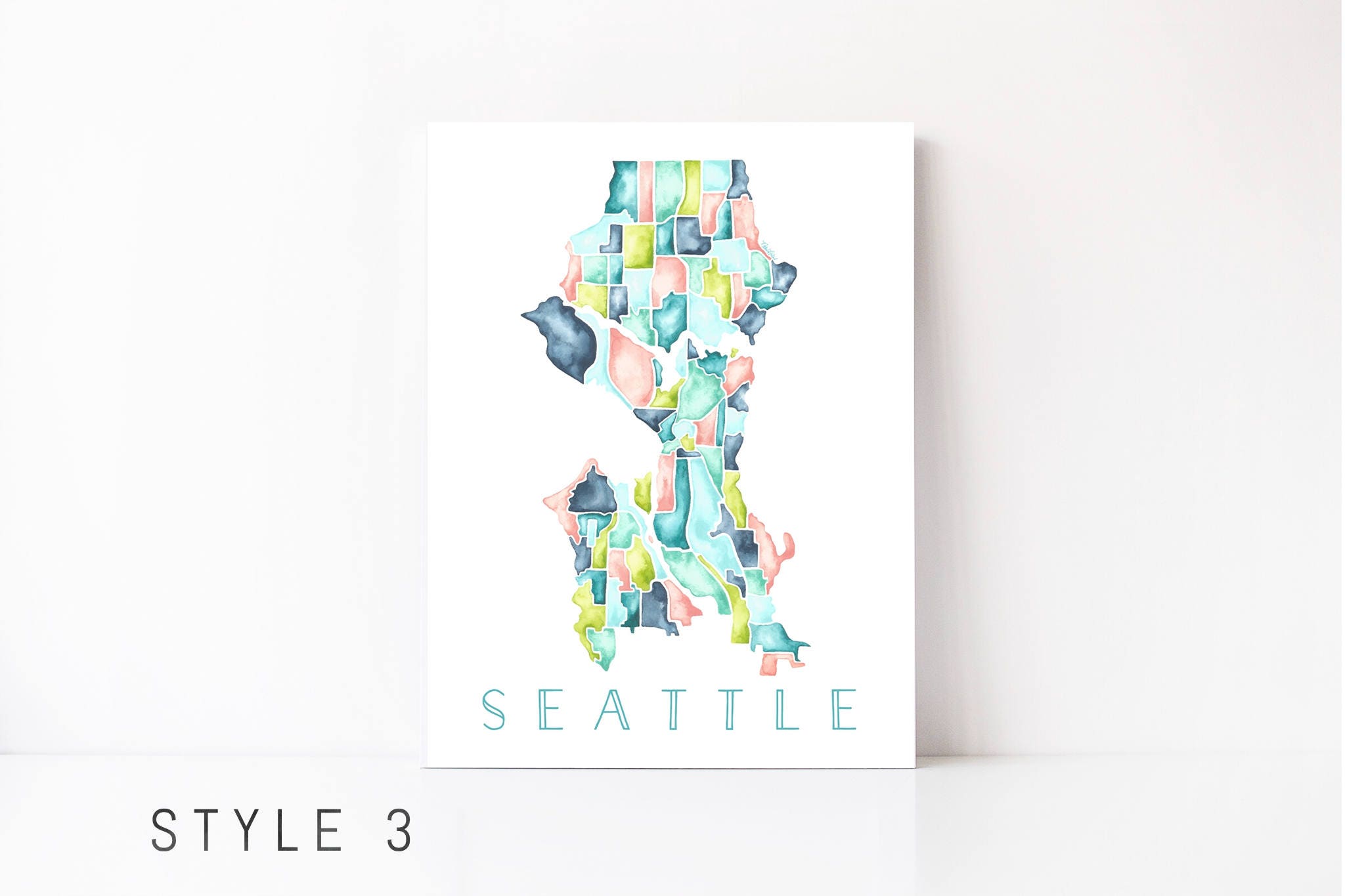 Seattle Neighborhood Map, Seattle Map Watercolor, Seattle Wall Art ...