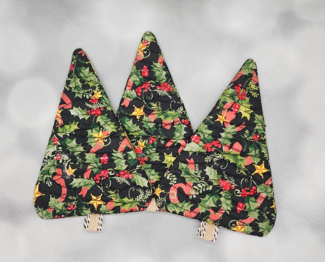 Set of 6 Christmas Tree Coasters. Embroidered Tree Coasters, Holiday ...