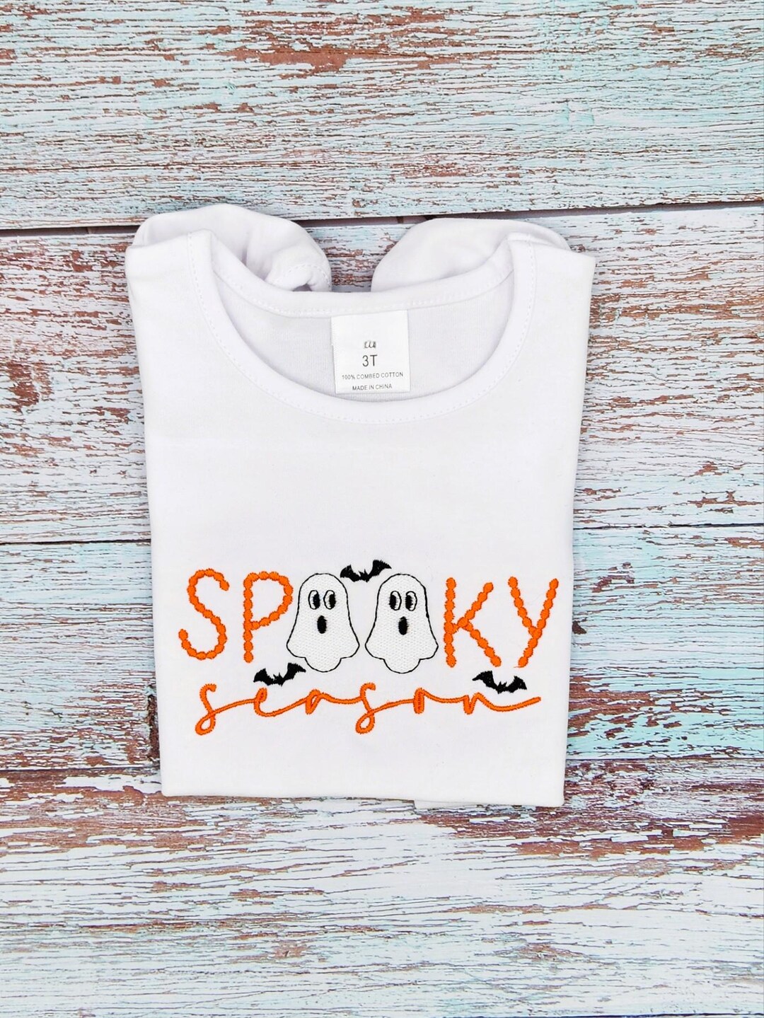 Girls Puff Sleeve “spooky Season” Shirt – Ghost Embroidery on White Tee ...