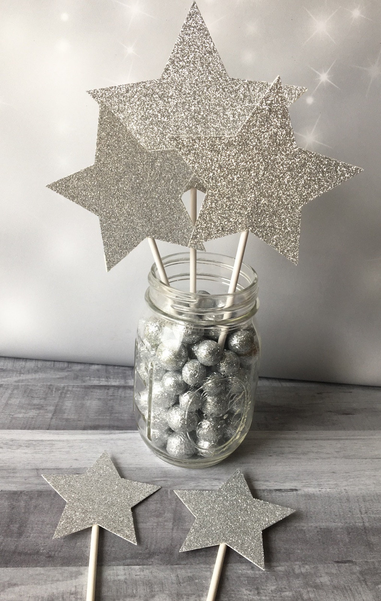 Glitter Star Centerpiece Picks, Set of 5 Assorted Size Stars, Twinkle ...