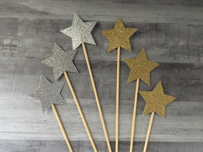 Gold & Silver Glitter Star Centerpiece Picks, Anniversary or Birthday ...
