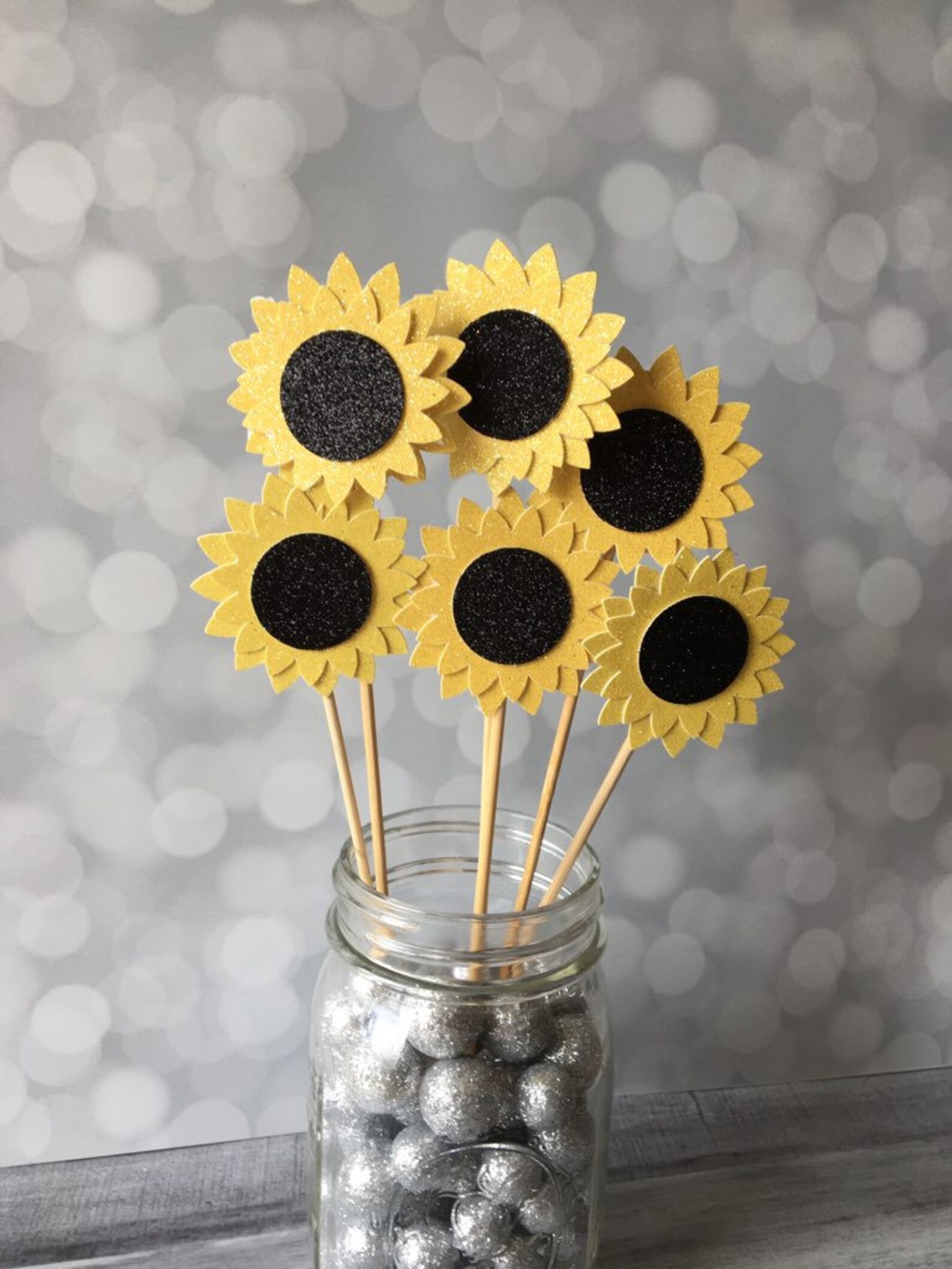 Sunflower Centerpiece Picks, 2" Double Sided Glitter Sunflower Sticks ...