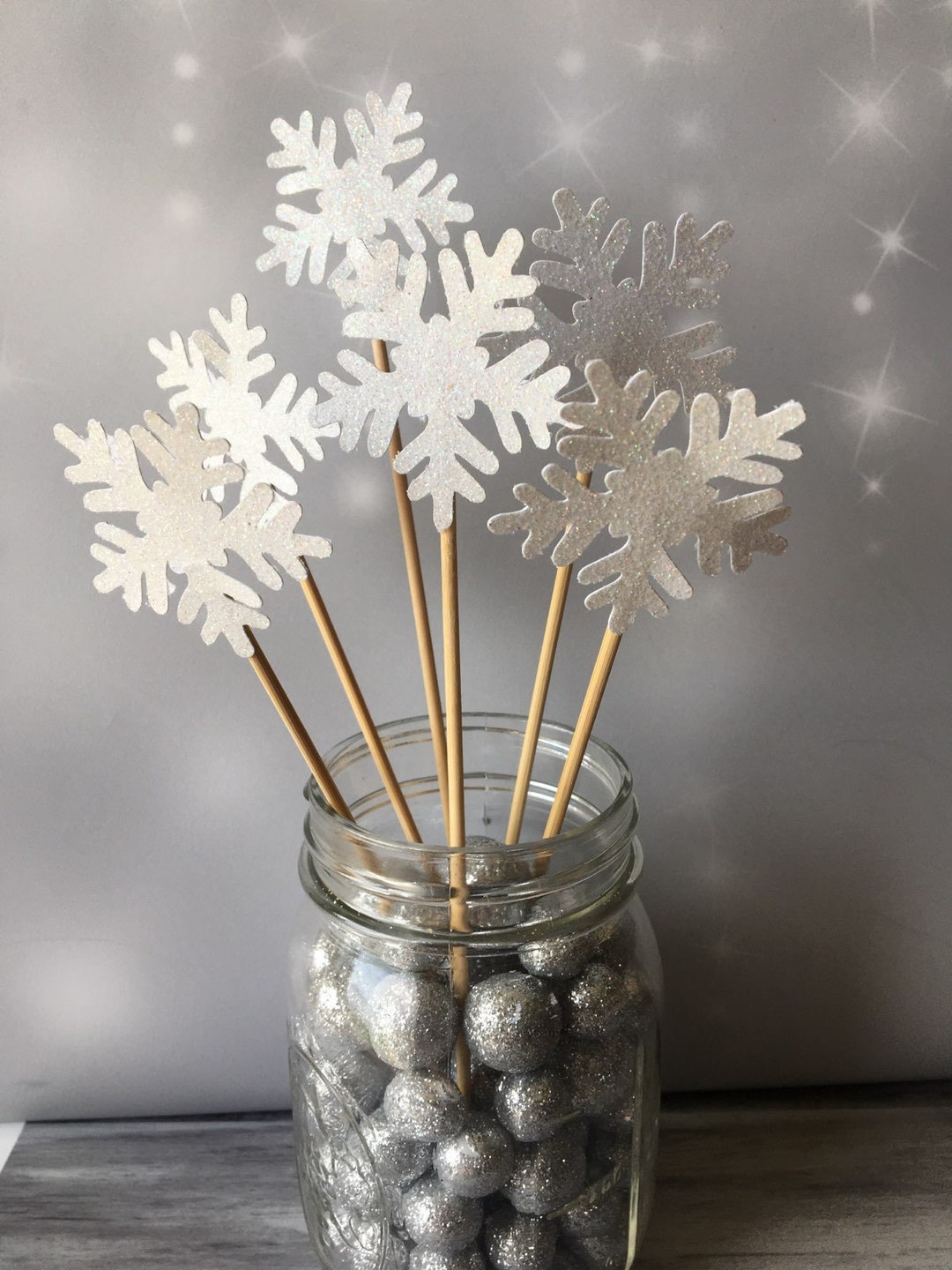 Glitter Snowflake Centerpiece Picks, 2" Snowfake Sets of 6, 12, 24 ...
