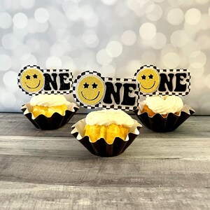 One Happy Dude Cupcake Toppers, Smiley Face & Checkerboard First ...