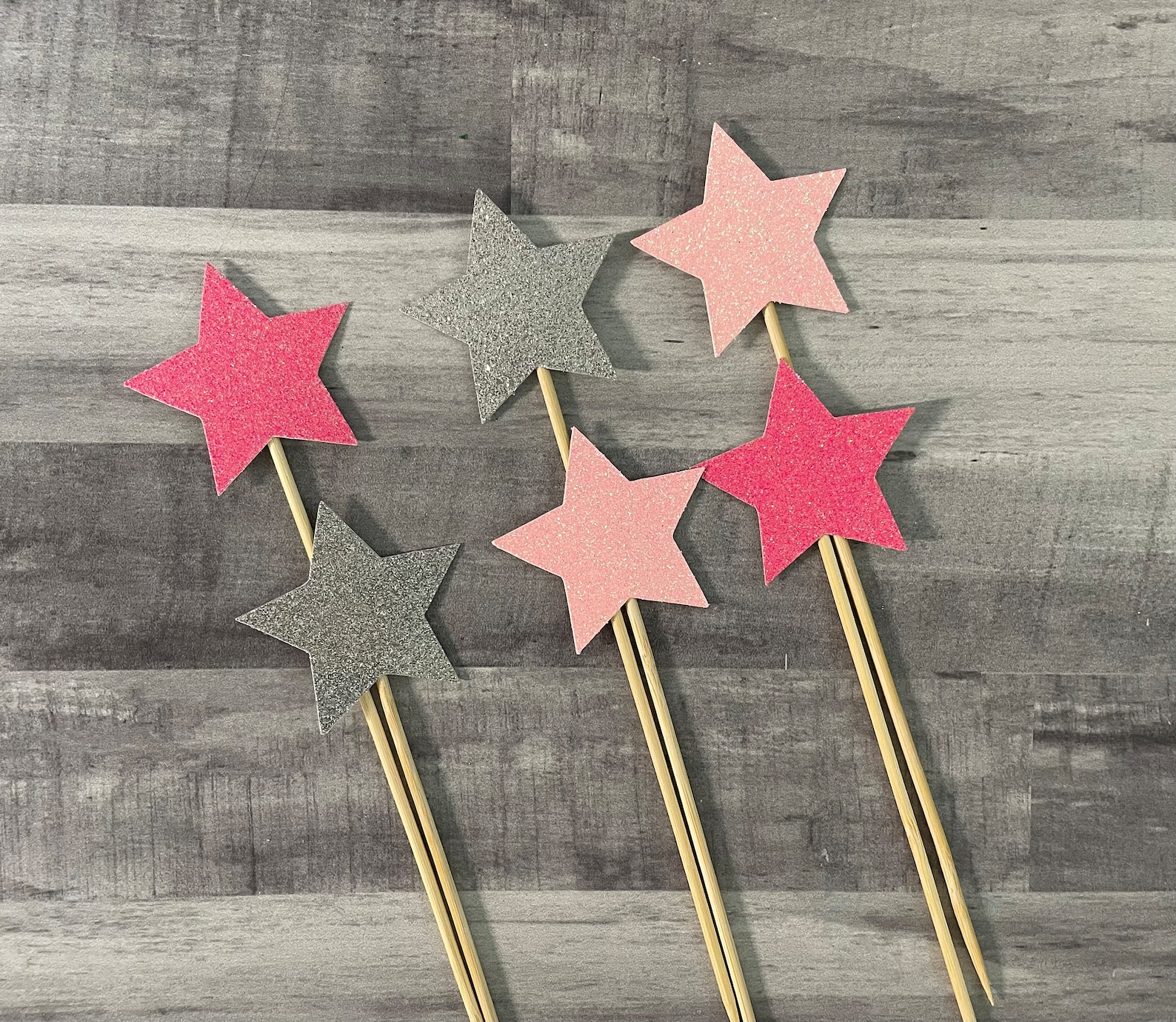 Pink & Silver Star Centerpiece Picks, 2" Glitter Stars, 1st Rodeo ...
