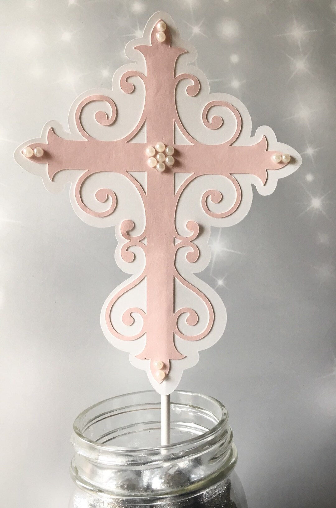 Fancy Pearl & Pink Cross Cake Top, Girl Communion Cake Topper, Baptism ...