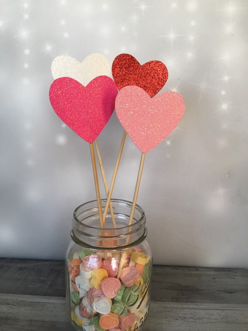 Valentine's Day Centerpiece Picks, 2" Glitter Heart Sticks, Love Picks ...