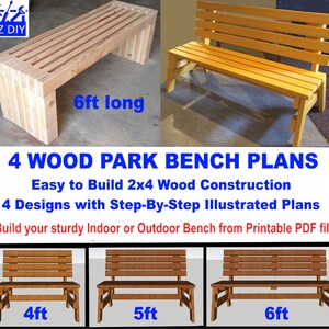 PLANS for Park Bench 4ft, 5ft, or 6ft Long DIY 2x4 Wood Construction ...