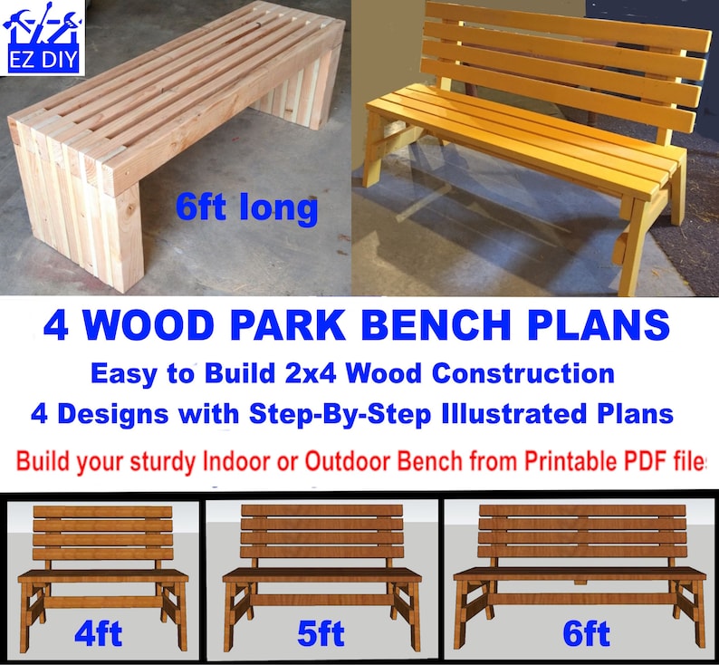 PLANS for Park Bench 4ft, 5ft, or 6ft Long DIY 2x4 Wood Construction ...