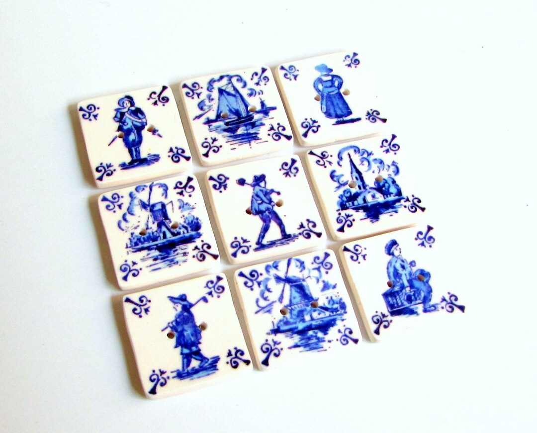 Delft Tile Buttons Blue and White Dutch Scenes Windmills 2cm Australian ...