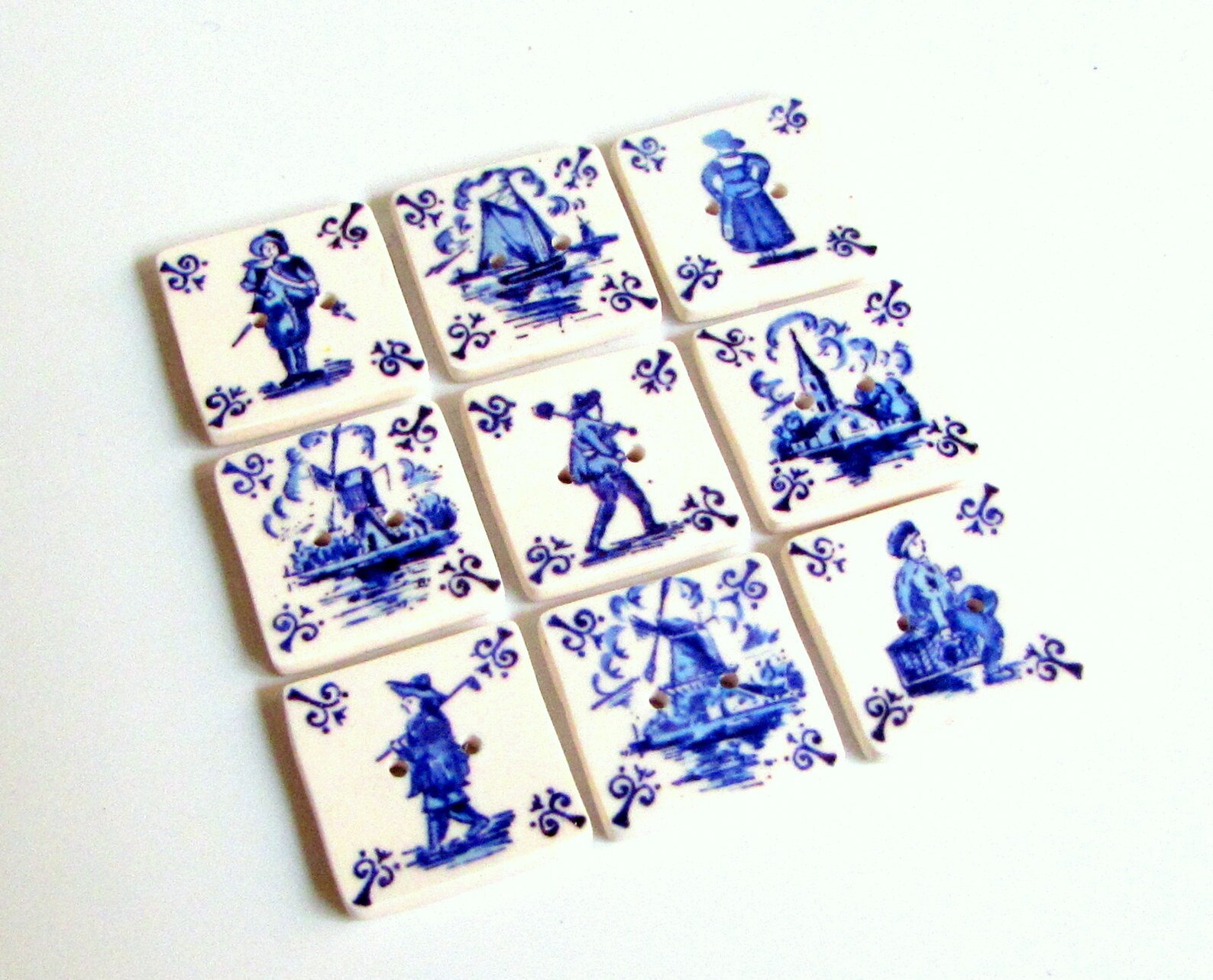 Delft Tile Buttons - Blue and White - Dutch Scenes - Windmills - 2cm ...