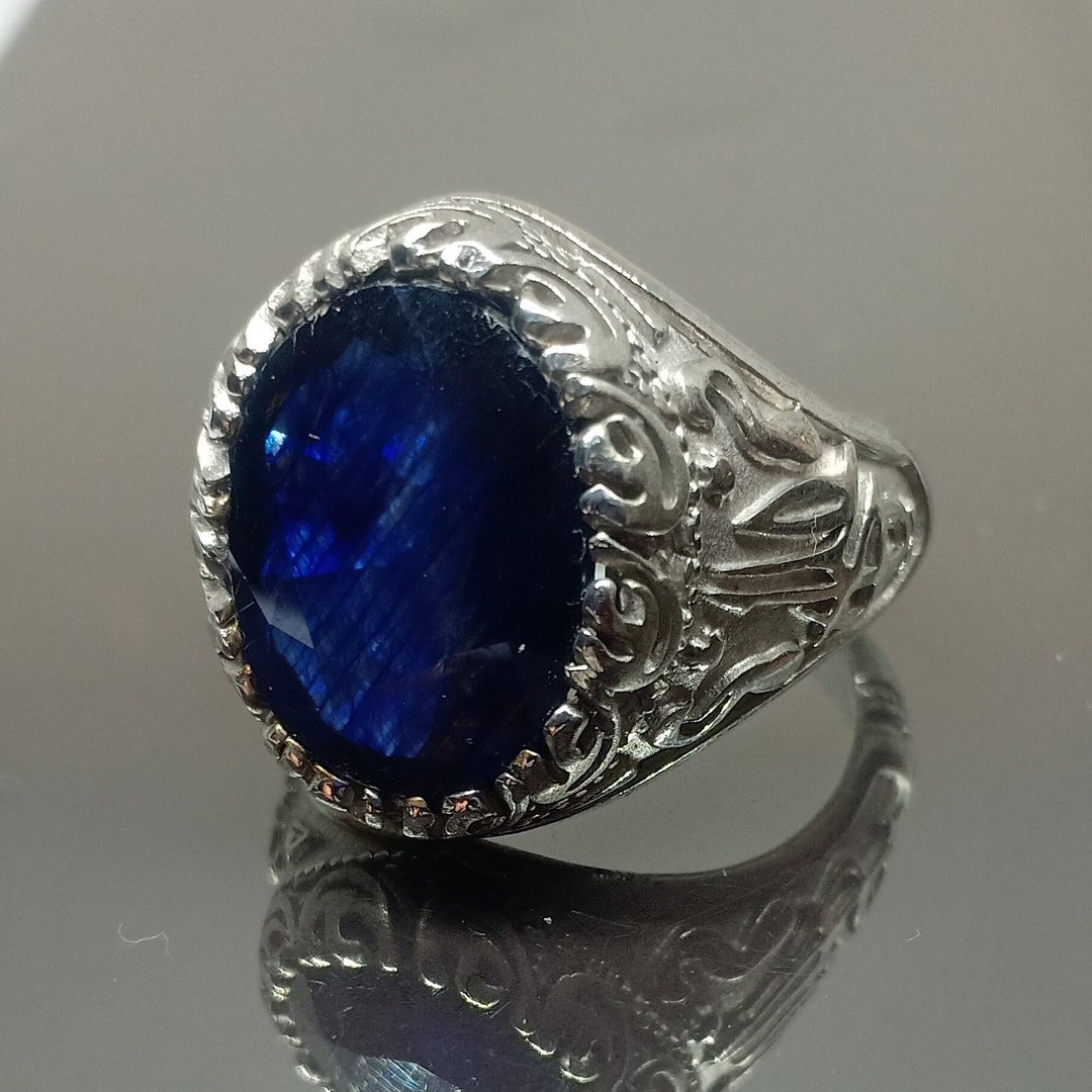Islamic Ya Ali Ya Zahra Ring Sterling Silver, Big Natural Blue Sapphire ...
