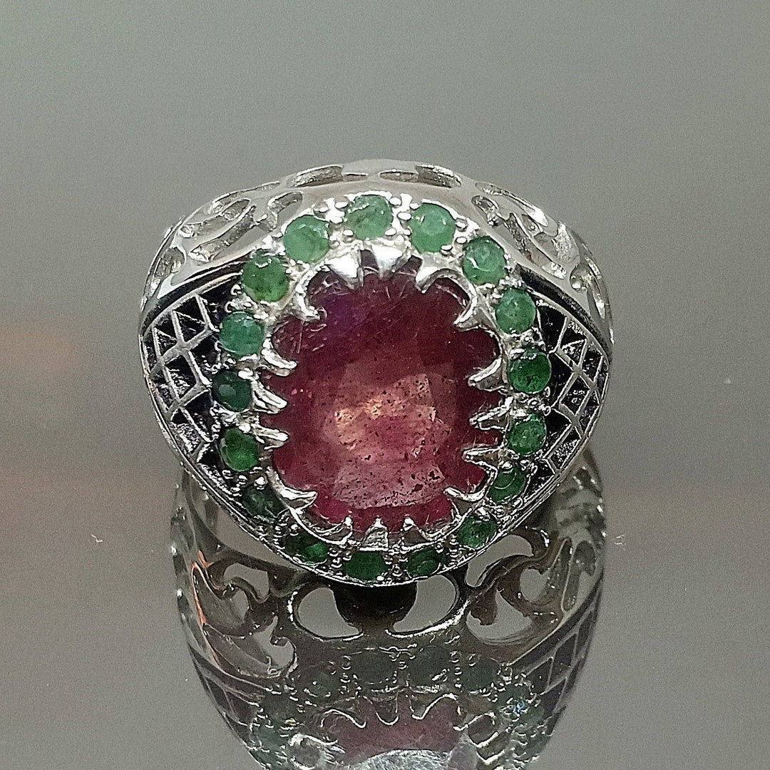 Natural Ruby and Emerald Cluster Ring Sterling Silver, Cluster Ruby ...