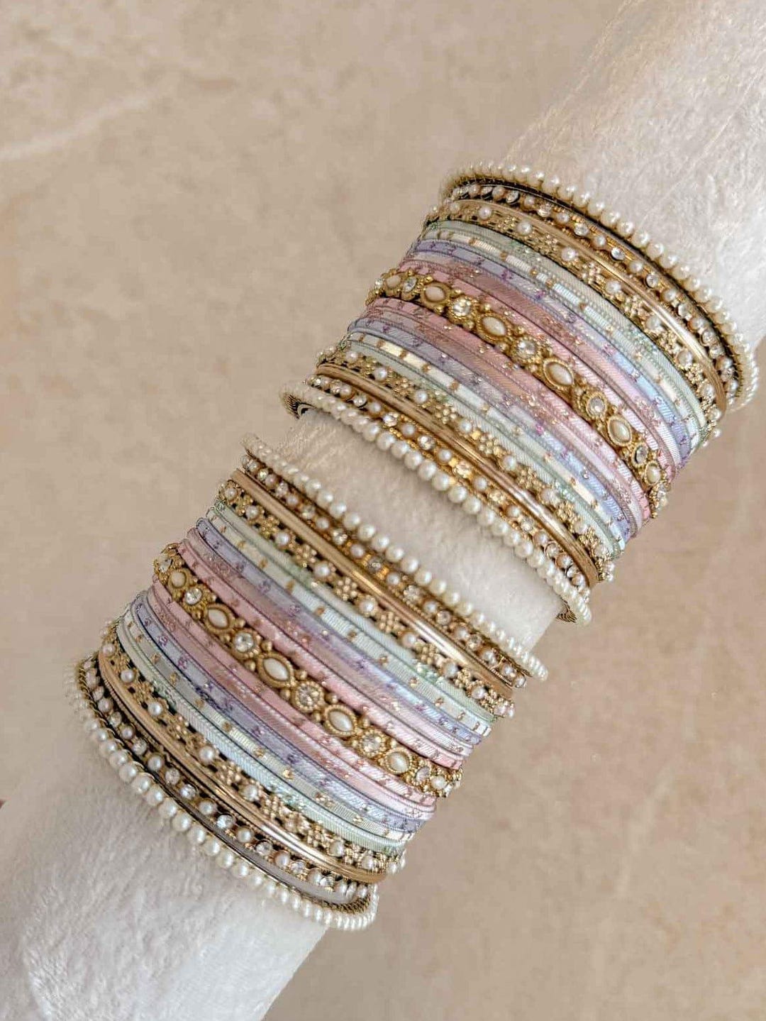 Small Pastel Posy Bangle Set Both Arms Pearl Gold Silver Pink Lilac ...