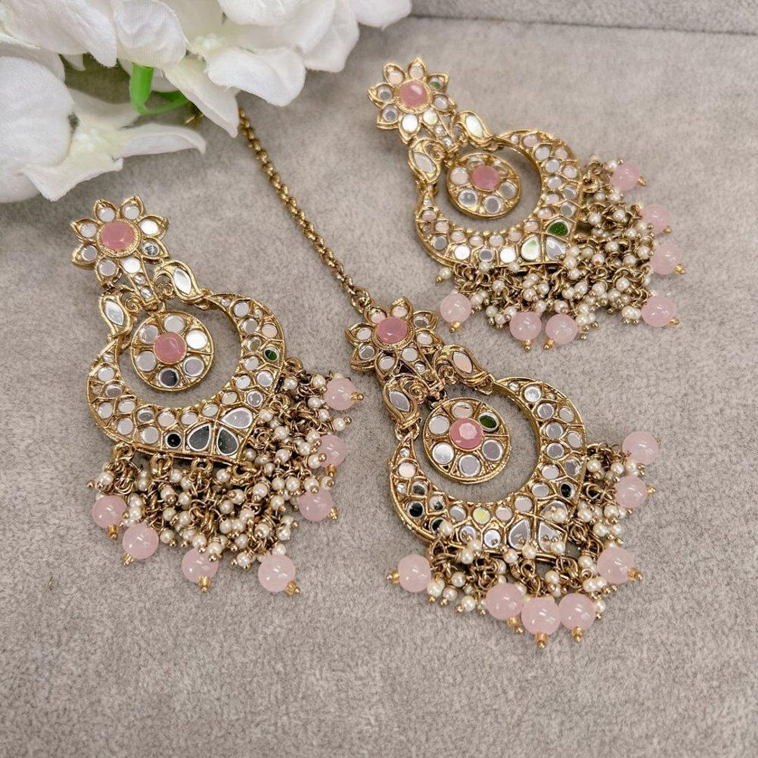 Mirrored Earrings and Tikka Set Pink - Etsy