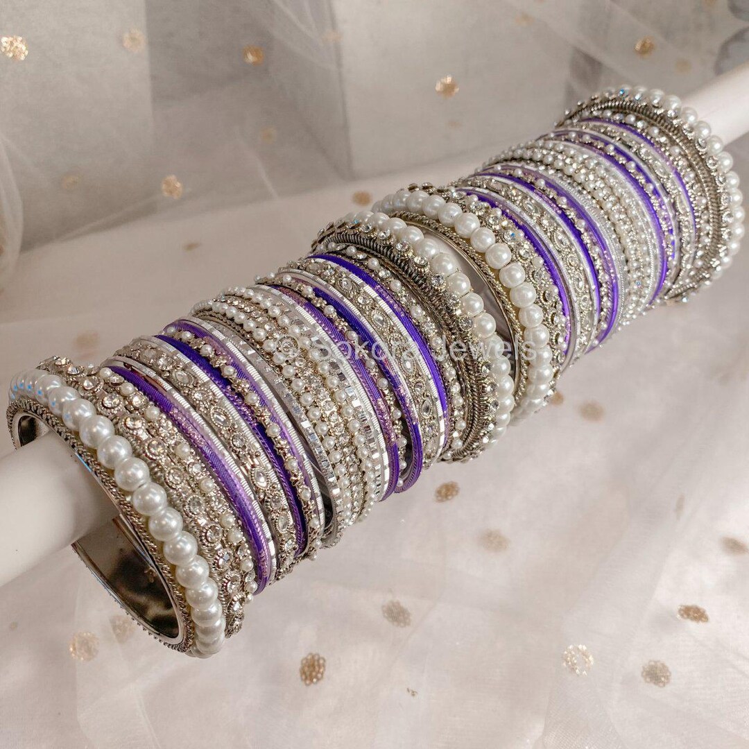 Chunky Pearl Bangle Set Silver & Purple - Etsy