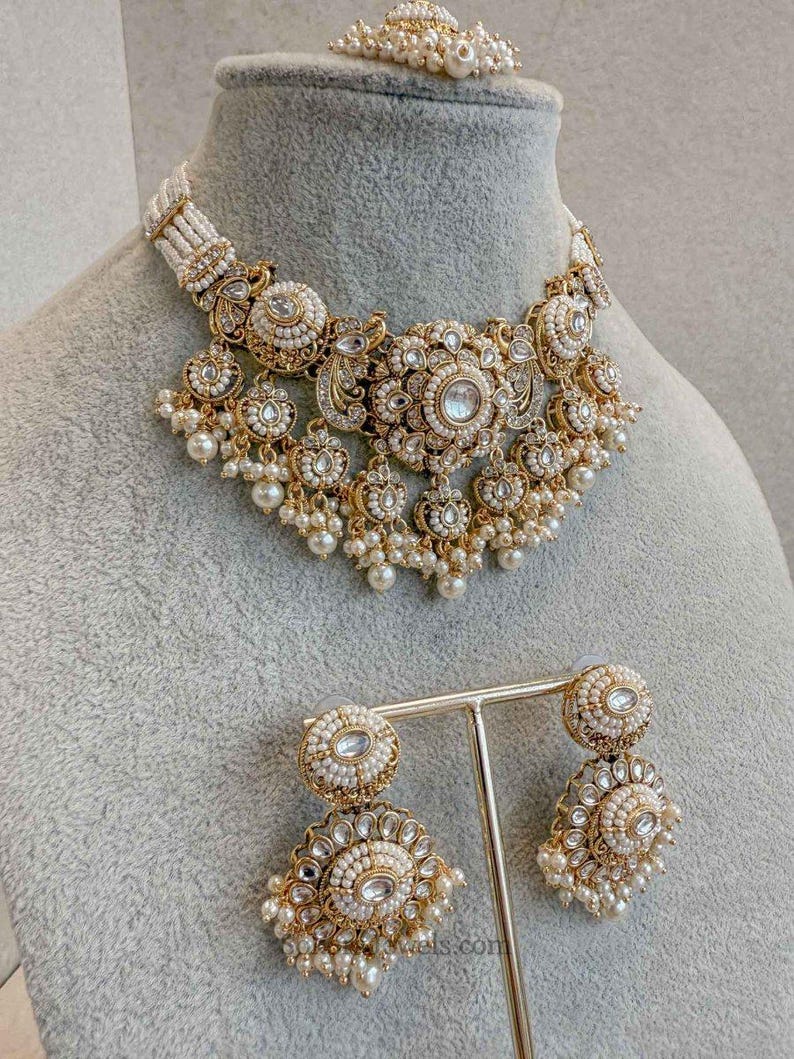 Narinder Faux Kundan Choker Set White Gold Pearl Indian Jewelry ...